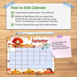 EDITABLE September 2025 Calendar, Cute Fall Design for Kids, Back to ...