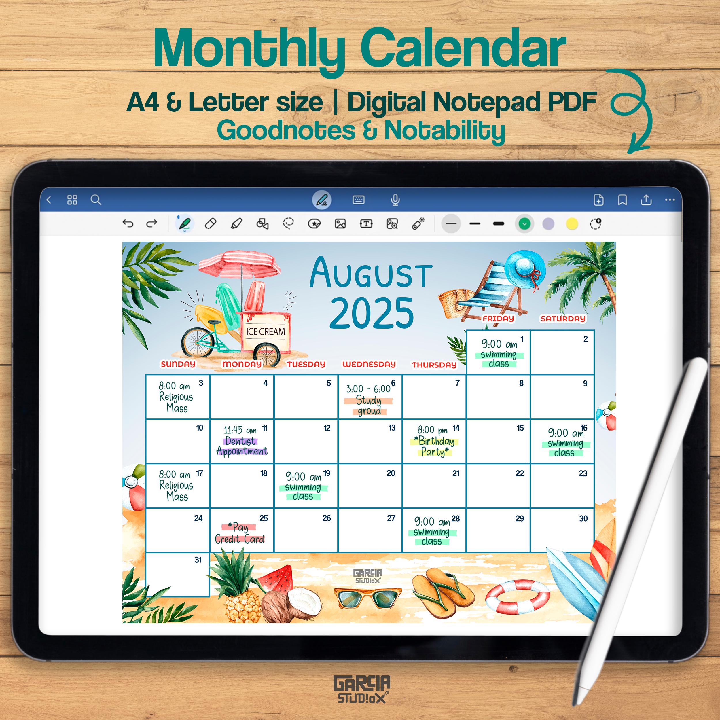 EDITABLE August 2025 Calendar, Fillable Summer Beach Planner, Monthly ...