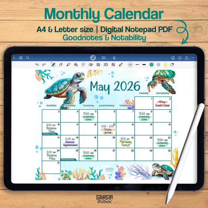 May 2026 Calendar Printable, Cute Sea Turtle Theme, Editable Monthly ...