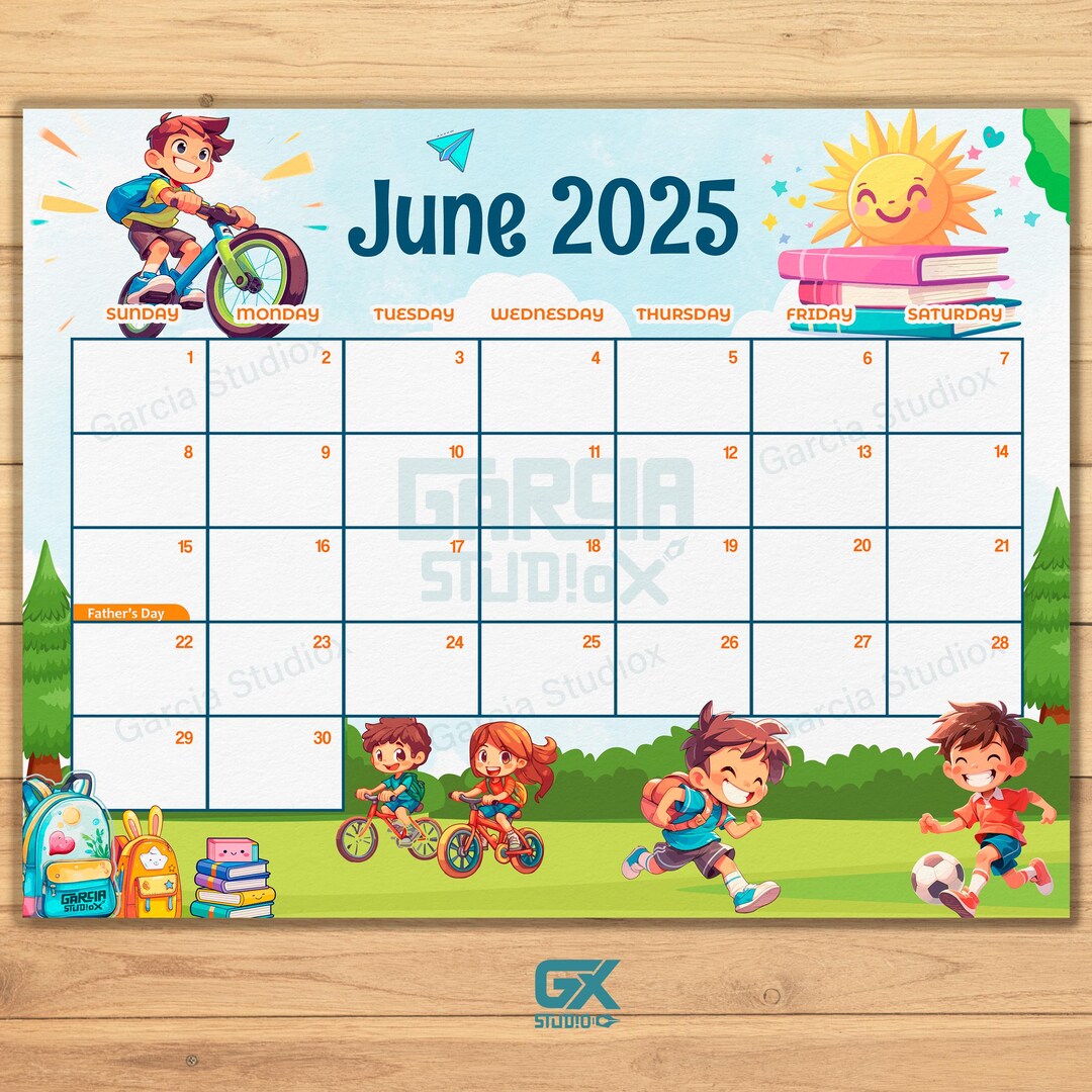 June 2025 Printable Children Calendar, Fun Bicycle Theme, Monthly ...