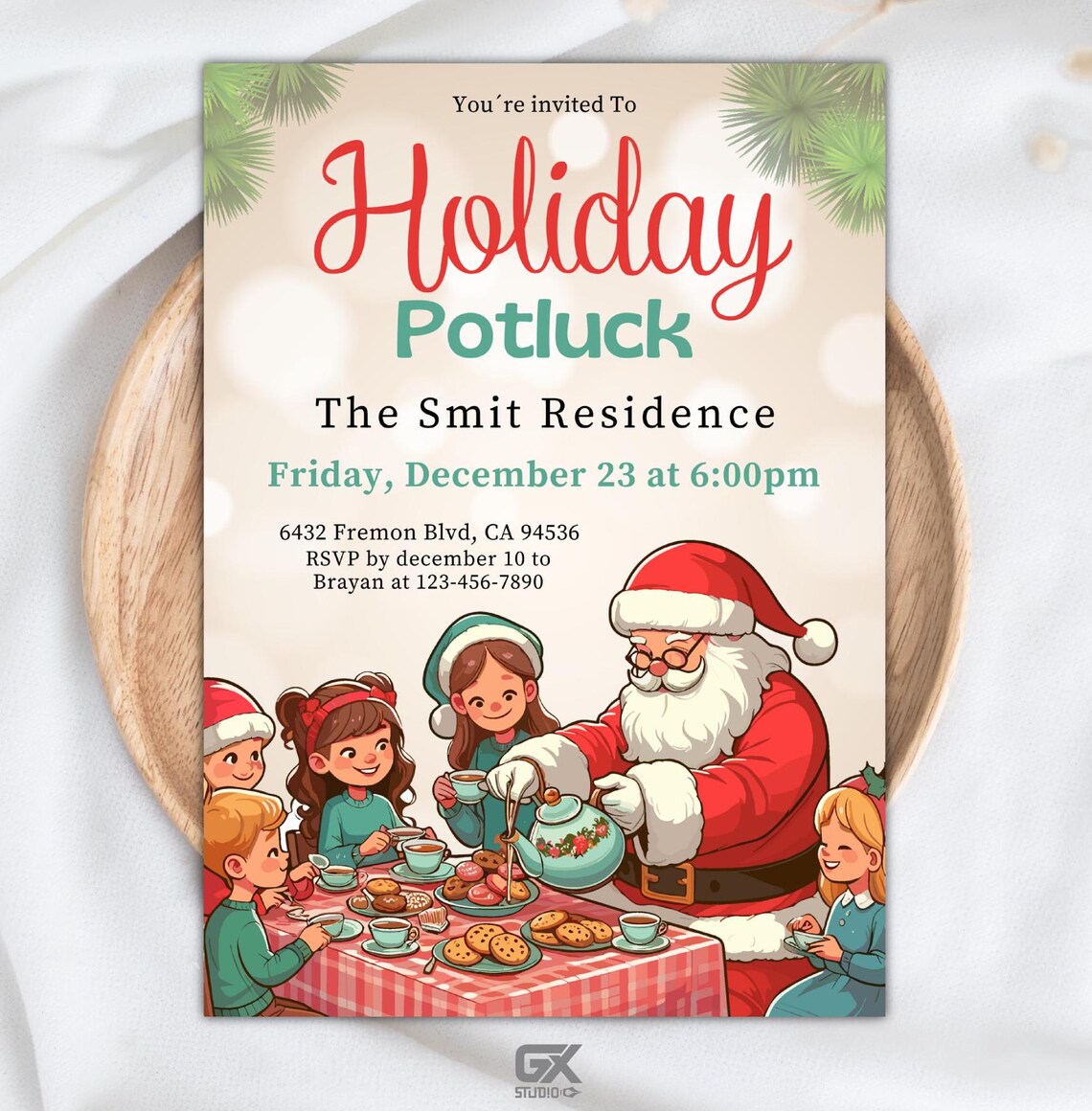 Editable Holiday Potluck Invitation, Christmas Dinner With Santa Claus ...