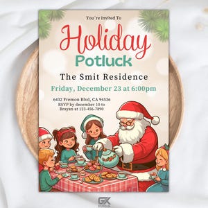 Editable Holiday Potluck Invitation, Christmas Dinner With Santa Claus ...