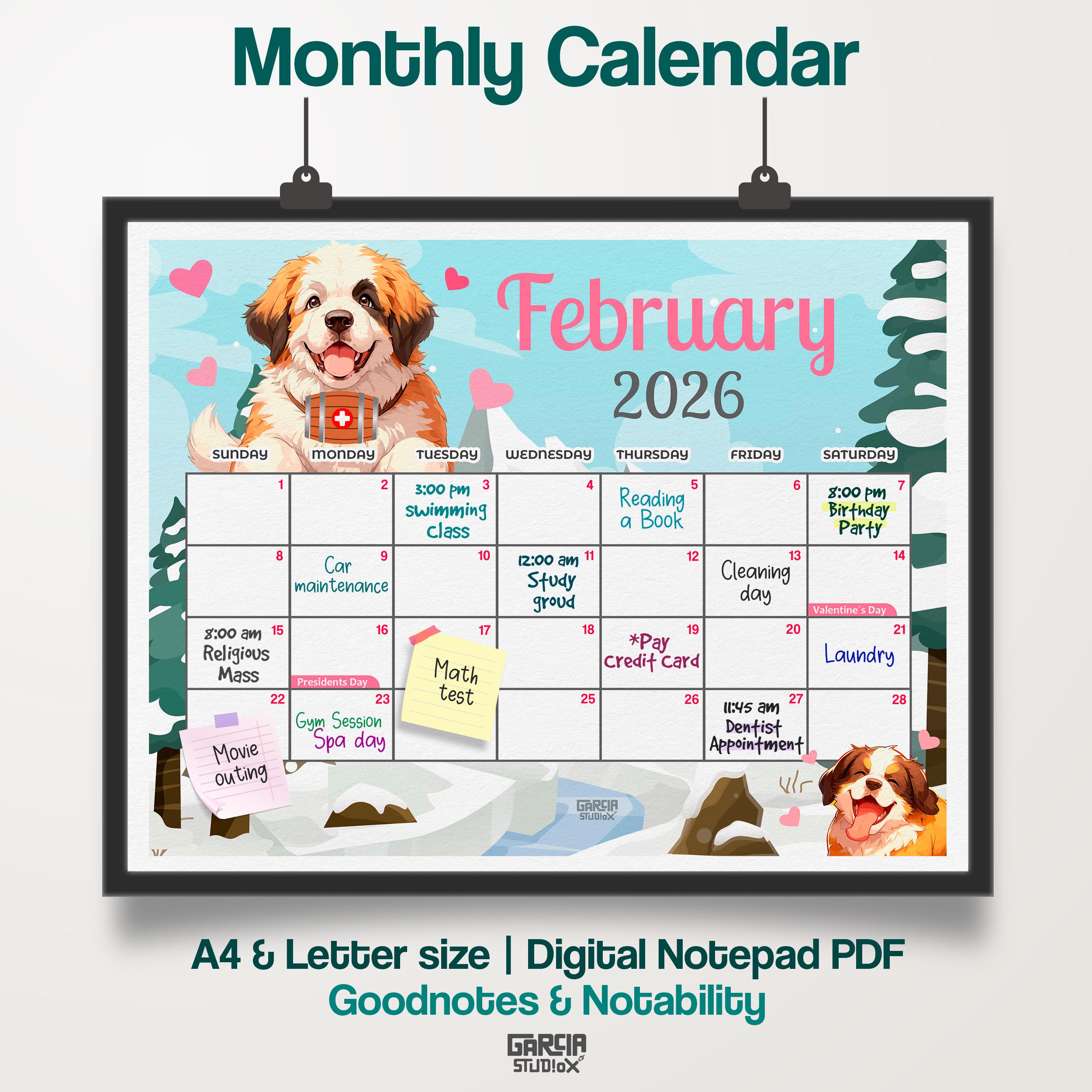 February 2026 Calendar Printable With Saint Bernard Dog – Cute ...