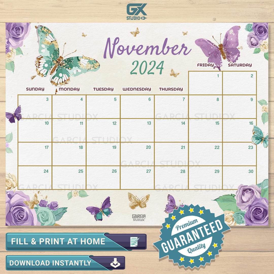 Plantilla de calendario de mariposas de noviembre de 2024 editable ...
