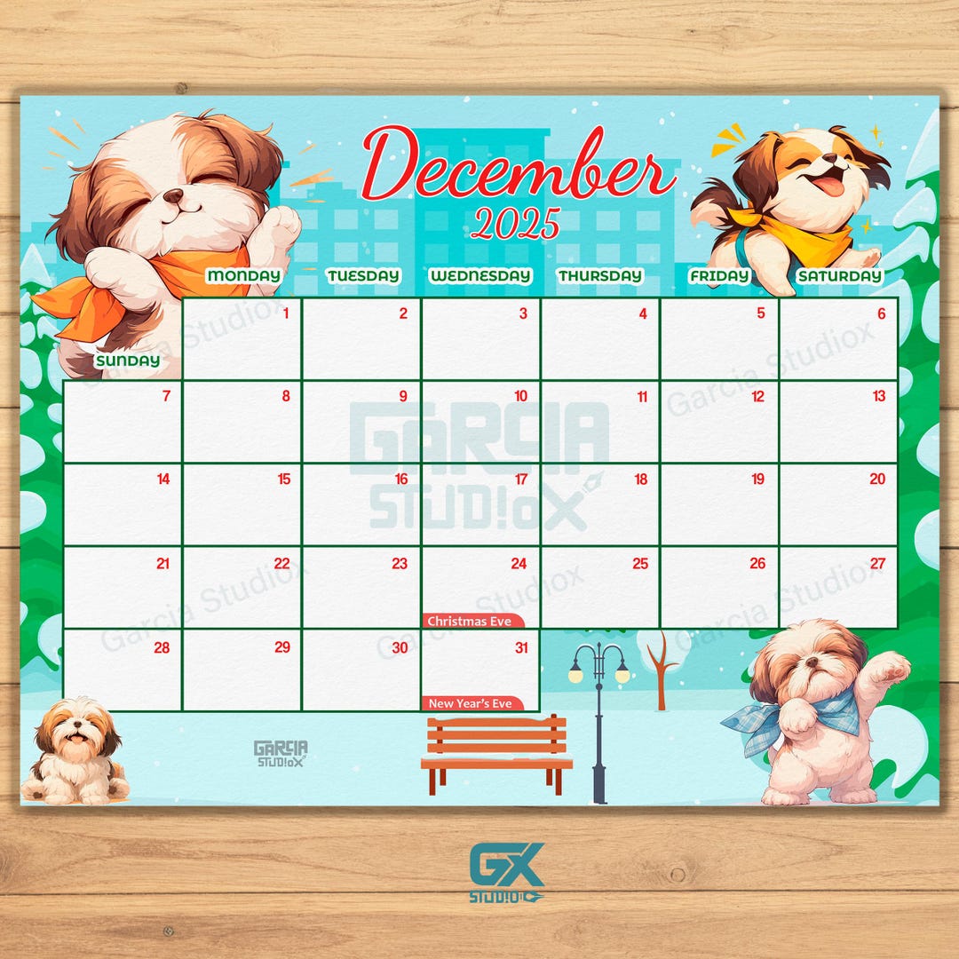 EDITABLE December 2025 Shih Tzu Dog-themed Calendar, Customizable ...