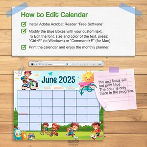 June 2025 Printable Children Calendar, Fun Bicycle Theme, Monthly ...