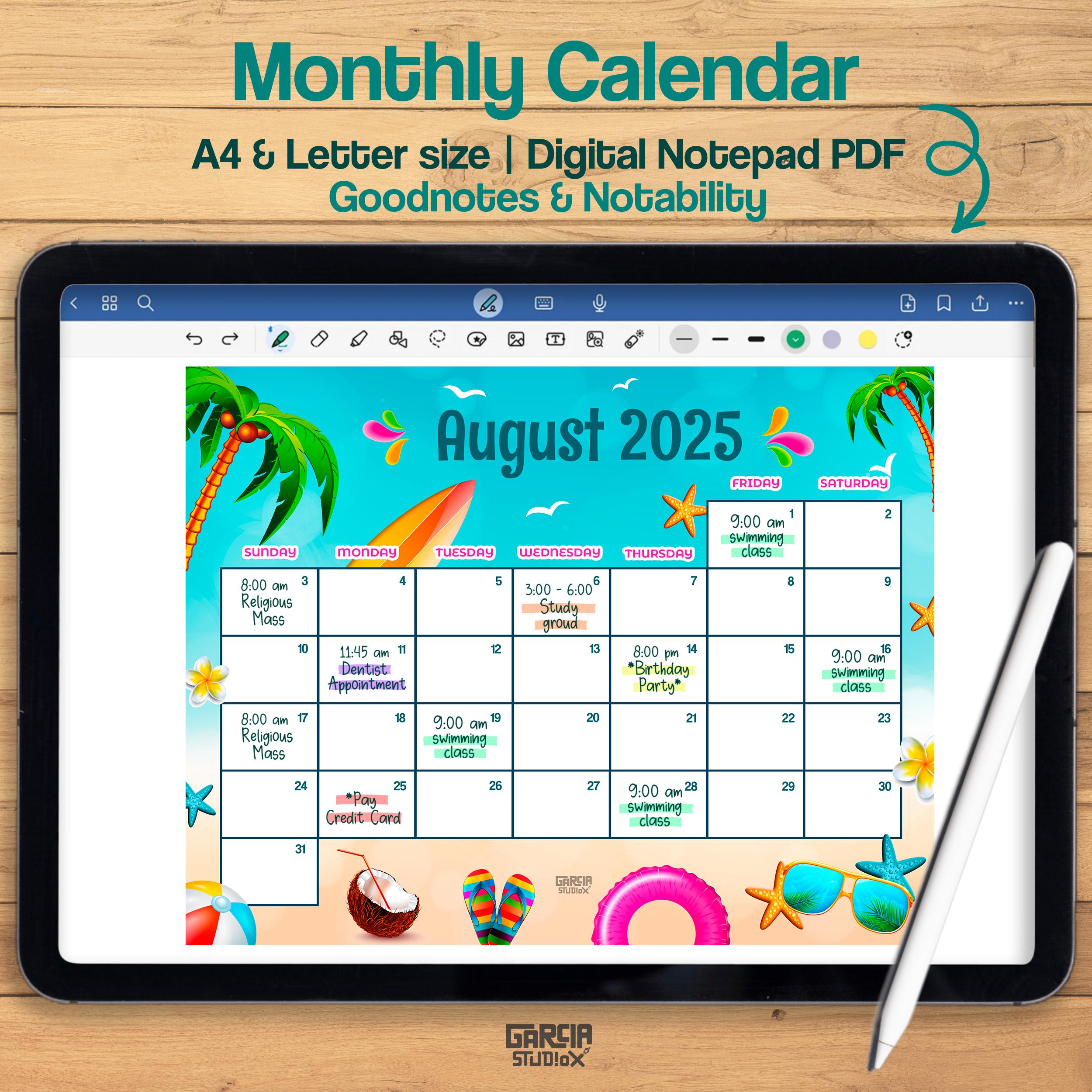 EDITABLE August 2025 Calendar, Fillable Summer Beach Planner, Monthly ...