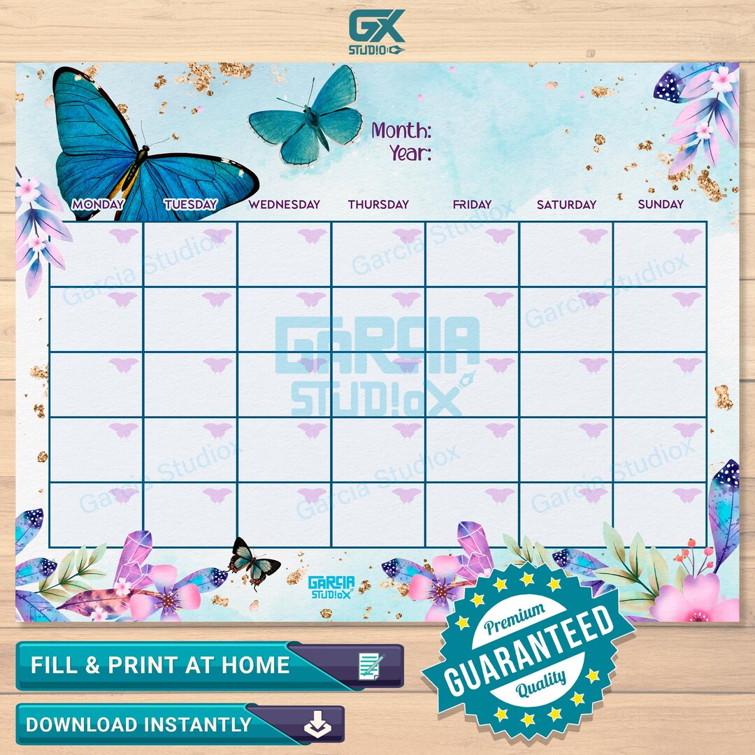 Monthly Calendar Undated | Butterfly Design, Editable and Printable ...