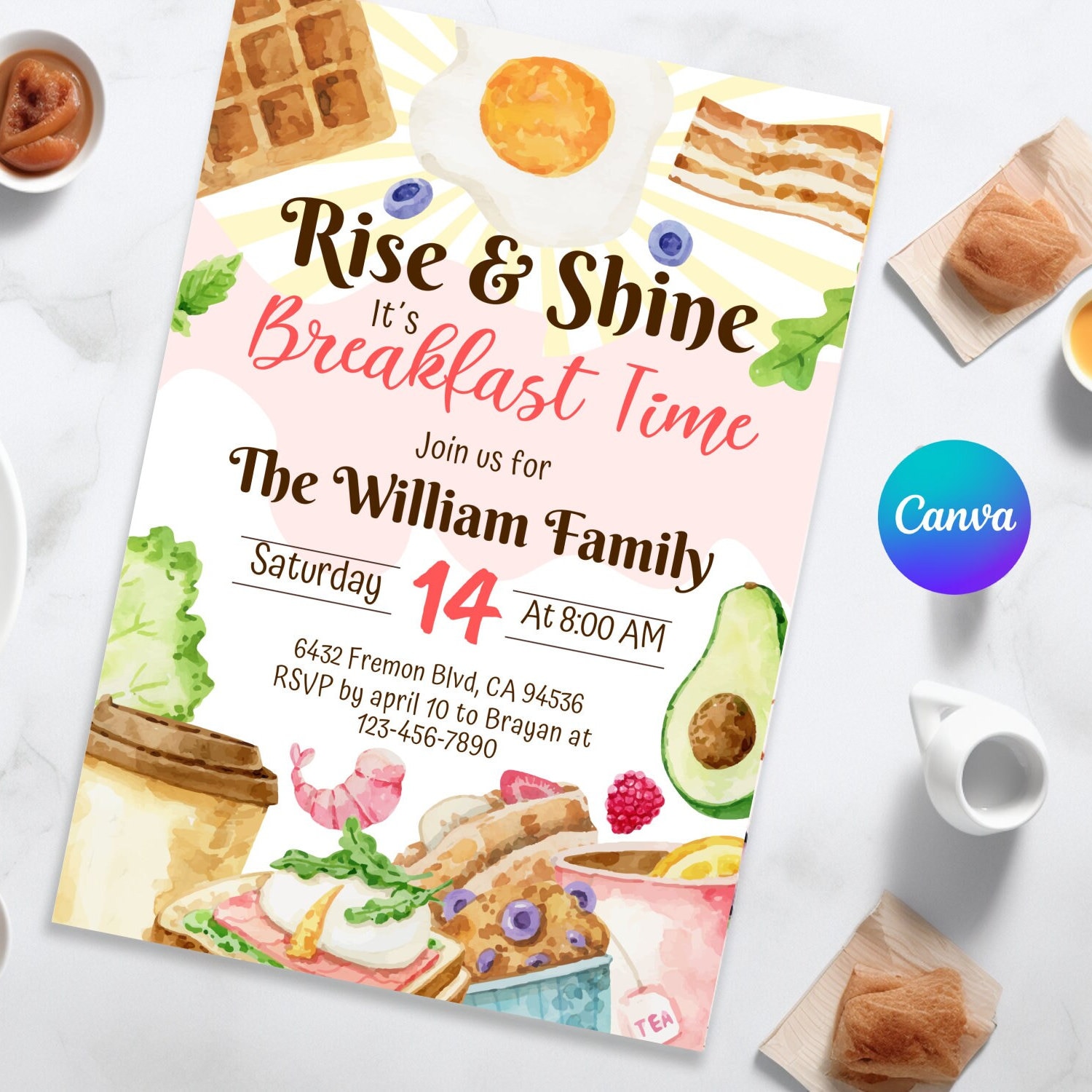 Rise and Shine Invitation, Breakfast Time Invitation, Rise & Shine It's ...
