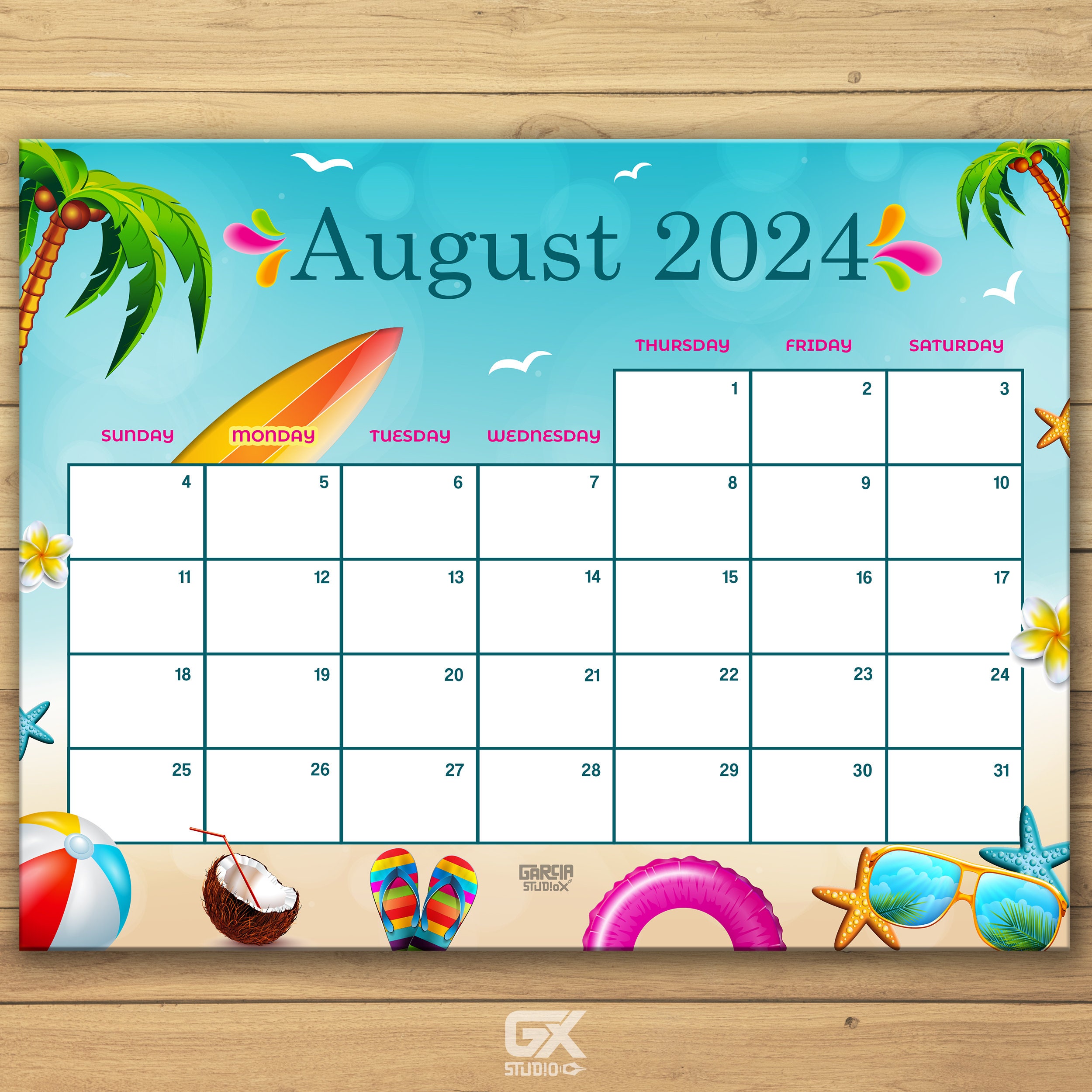 EDITABLE August 2024 Calendar, Fillable Summer Beach Planner, Monthly ...