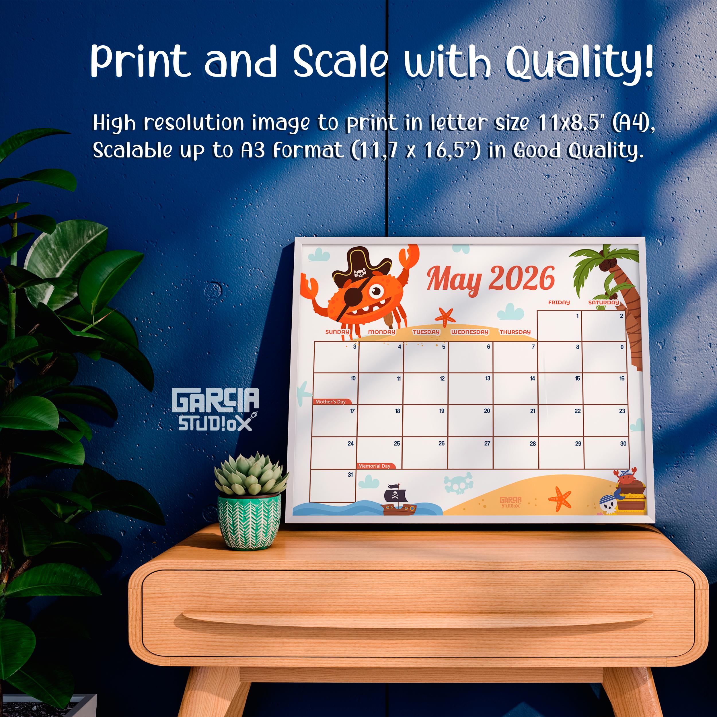 May 2026 Printable Calendar for Kids, Pirate Crab Theme, Cute Monthly ...