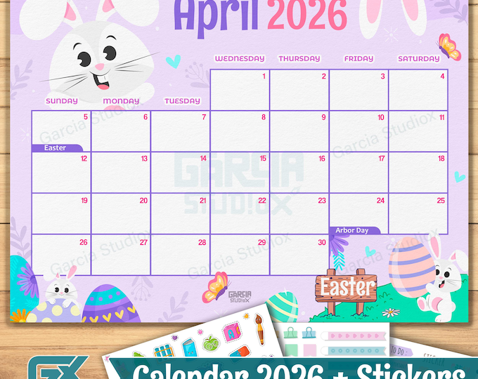 Editable April 2026 Calendar, Happy Easter With Cute Bunny, Printable ...