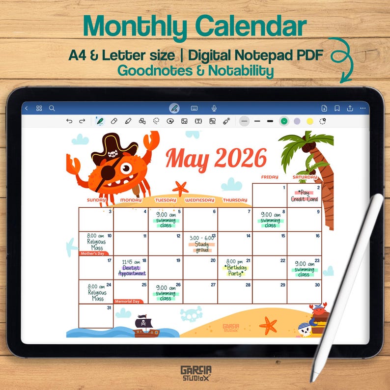 May 2026 Printable Calendar for Kids, Pirate Crab Theme, Cute Monthly ...