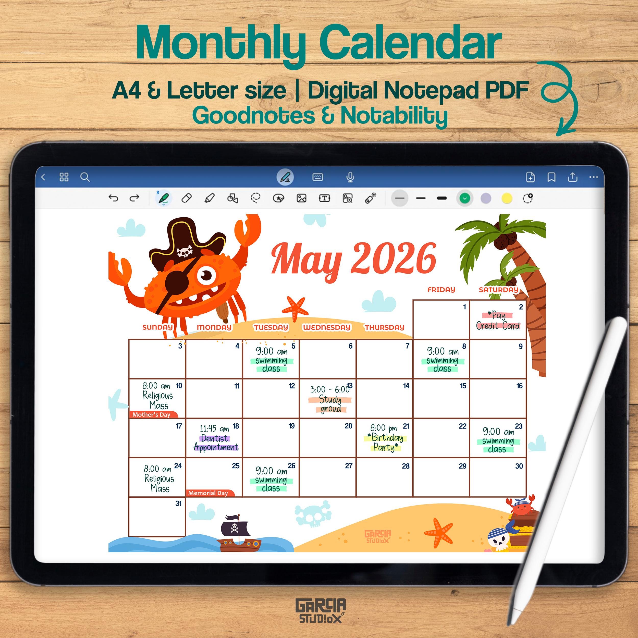 May 2026 Printable Calendar for Kids, Pirate Crab Theme, Cute Monthly ...