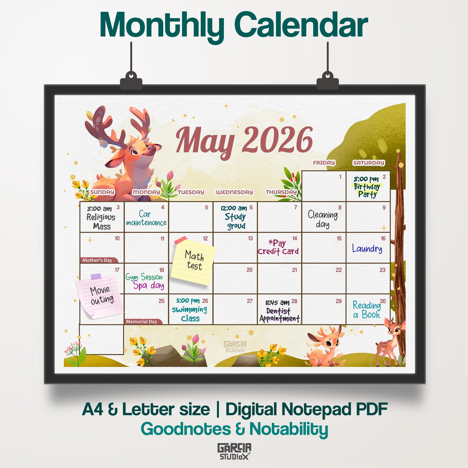 Printable May 2026 Calendar for Kids, Cute Deer Forest Theme, Editable ...