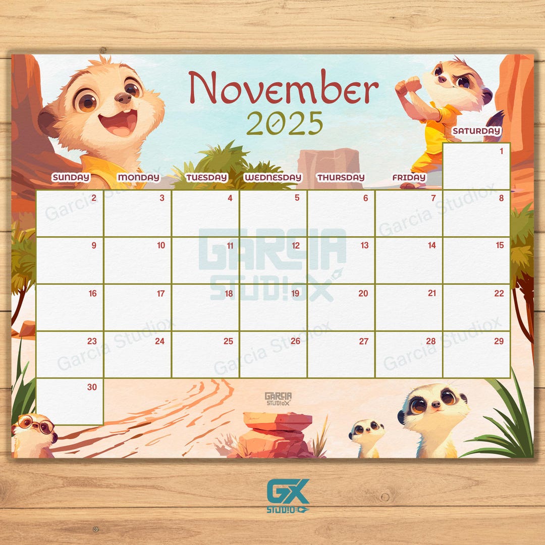 November 2025 Childrens Safari Calendar, Editable Meerkat Design ...