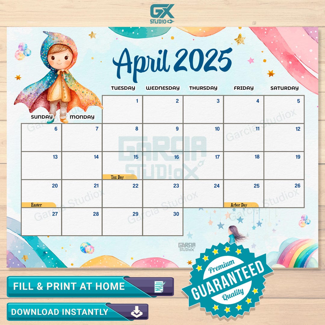 April 2025 Kids Calendar - Printable Rainbow Theme, Editable Monthly ...