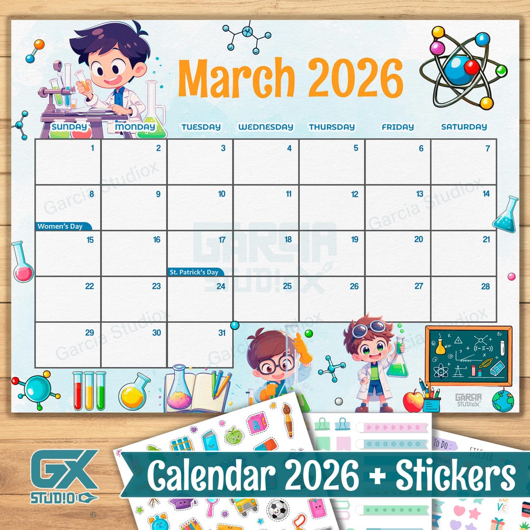 March 2026 Printable Calendar for Kids, Cute Science Theme, Educational ...