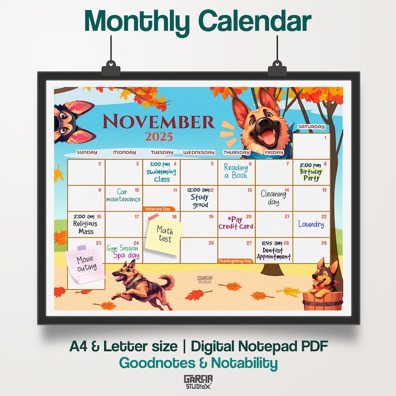 November 2025 Calendar German Shepherd Dog, EDITABLE Template for ...