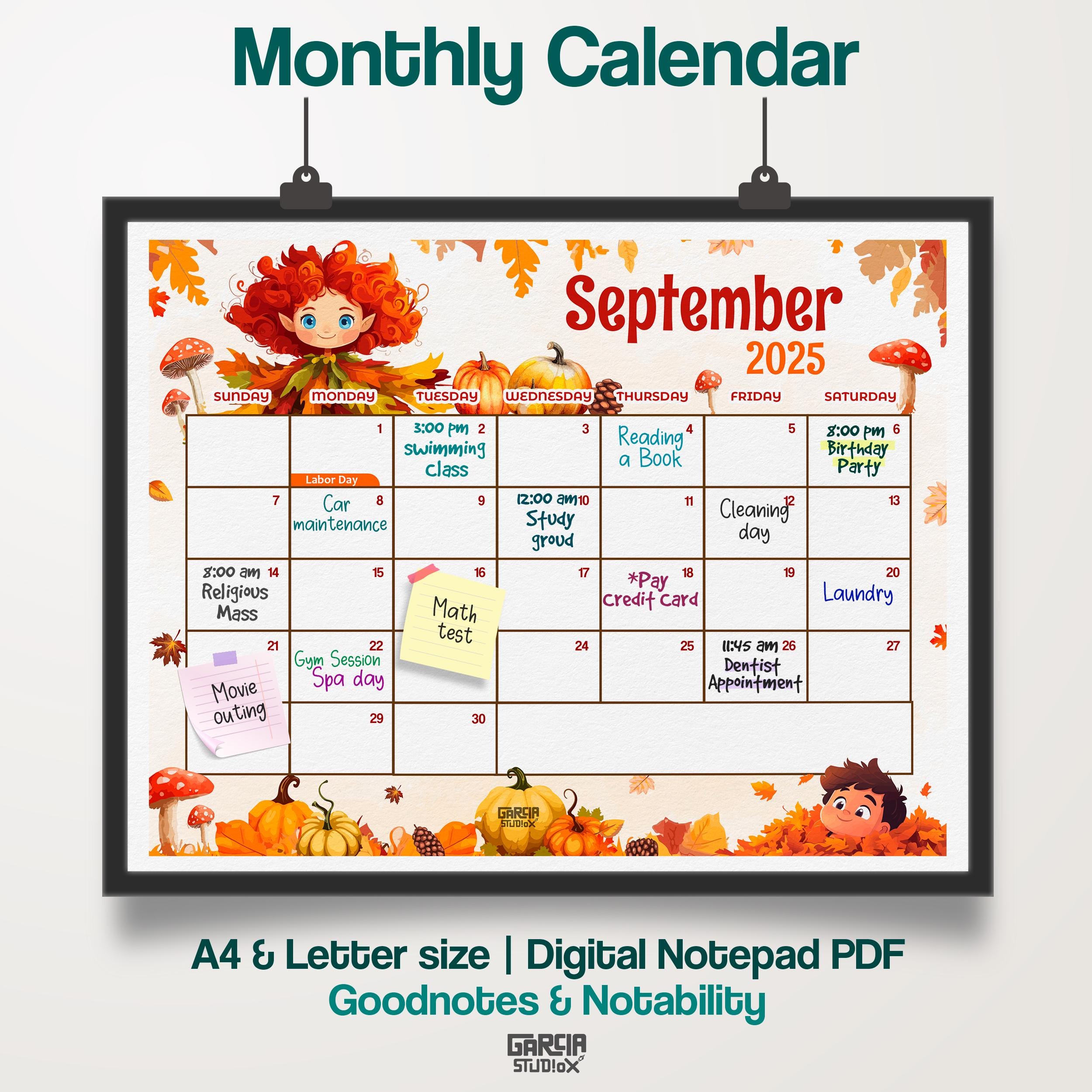 EDITABLE September 2025 Calendar, Cute Fall Design for Kids, Back to ...