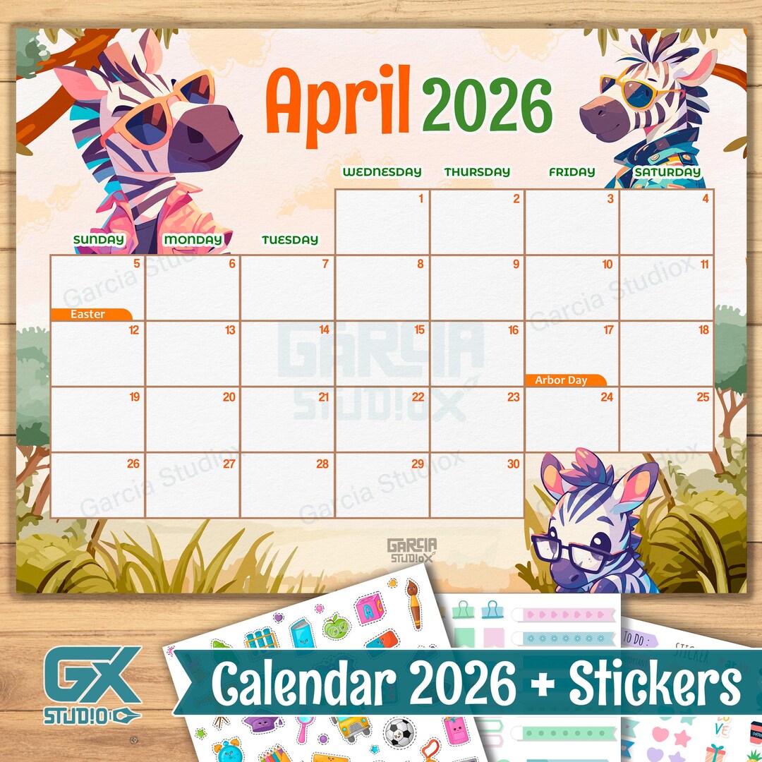 April 2026 Safari Zebra Calendar Template, Cute Jungle Animal Printable ...