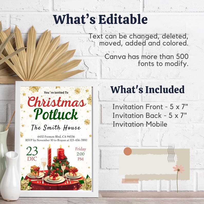 Editable Christmas Potluck Invitation, Holiday Party Template ...