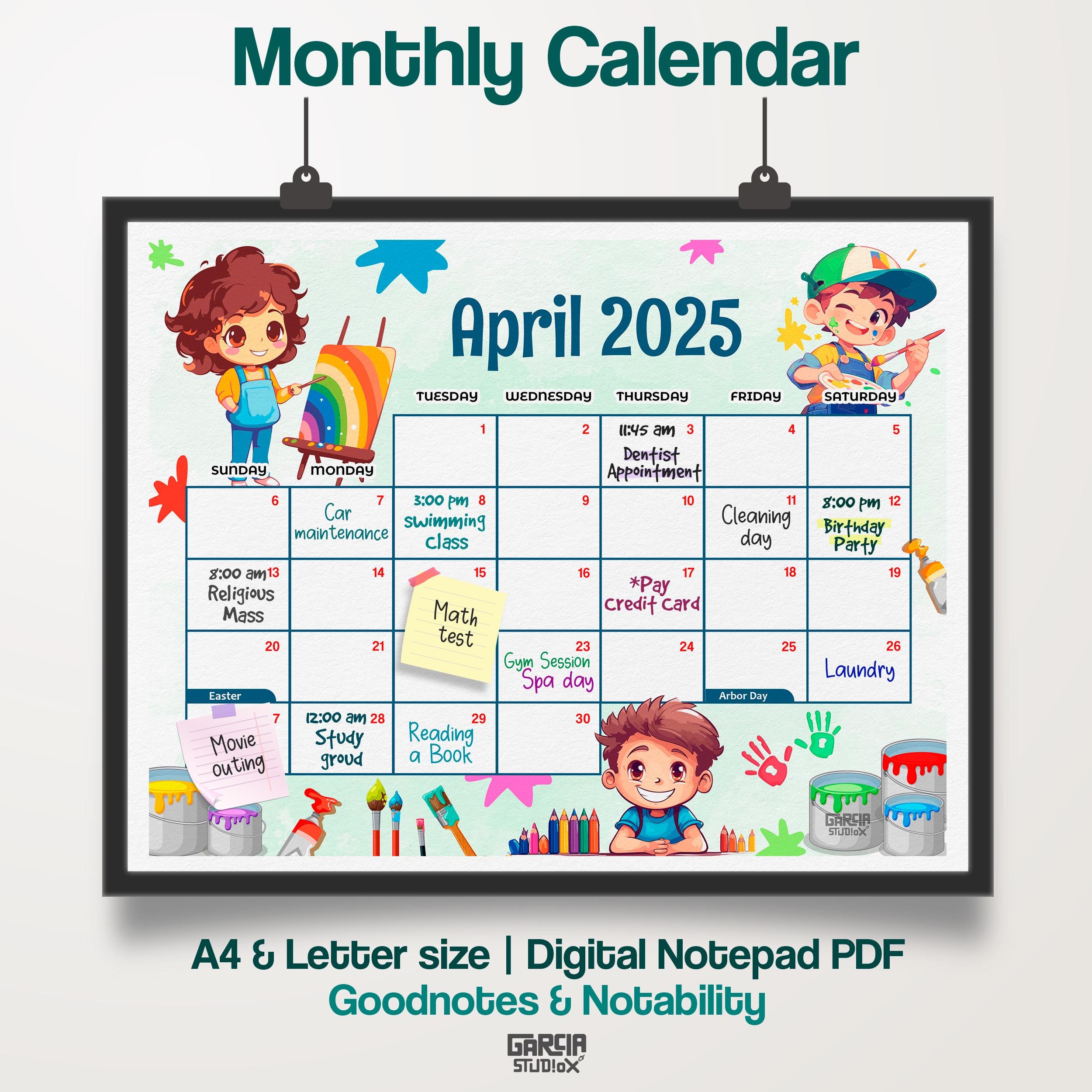 April 2025 Calendar for Kids, Editable Painting Theme, Perfect for ...