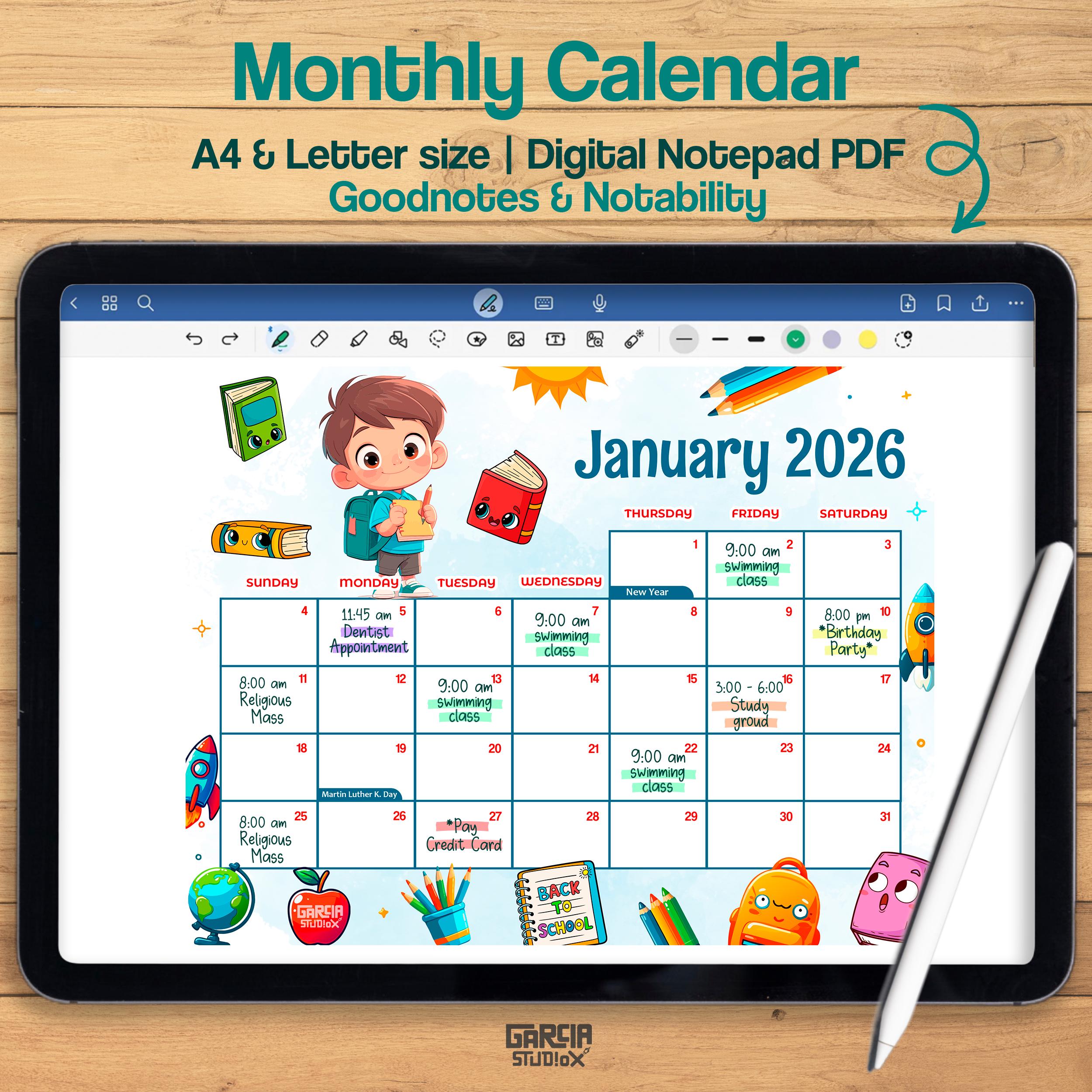 2026 Printable Calendar for Kids - Cute School Notebooks Theme ...