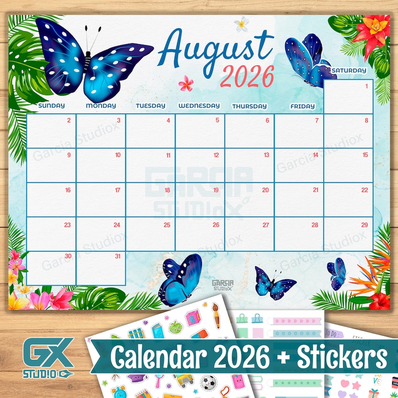 EDITABLE August 2026 Calendar, Cute Blue Butterflies Summer, Pretty ...