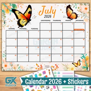 Butterfly July 2025 Calendar: Printable, Editable (PDF & JPG) - Etsy