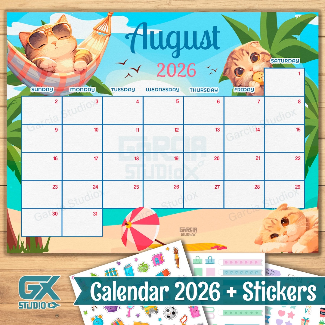 EDITABLE August 2026 Calendar, Summer Cat Calendar, Kawaii Summer ...