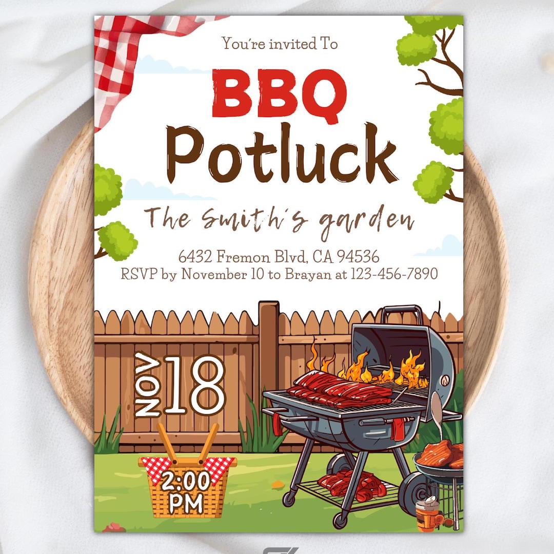 EDITABLE Colorful BBQ Potluck Invitation, Picnic, Grill & Outdoor ...