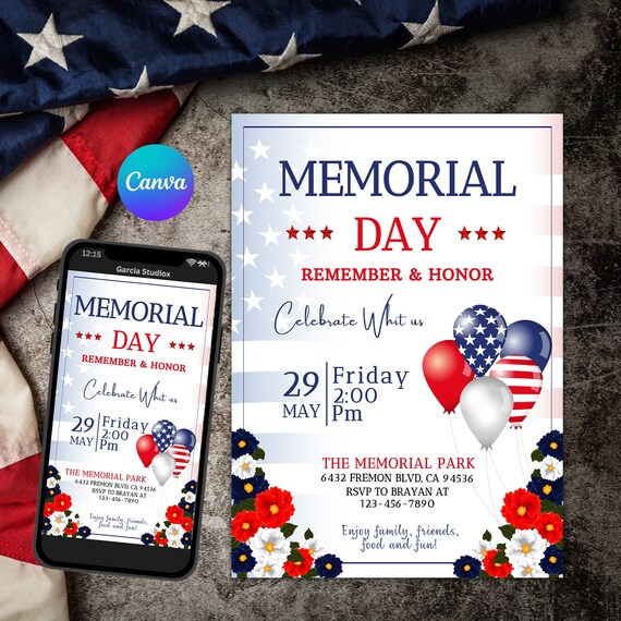 Memorial Day Printable Party Invitations EDITABLE Memorial Day Party