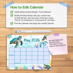 May 2026 Calendar Printable, Cute Sea Turtle Theme, Editable Monthly ...