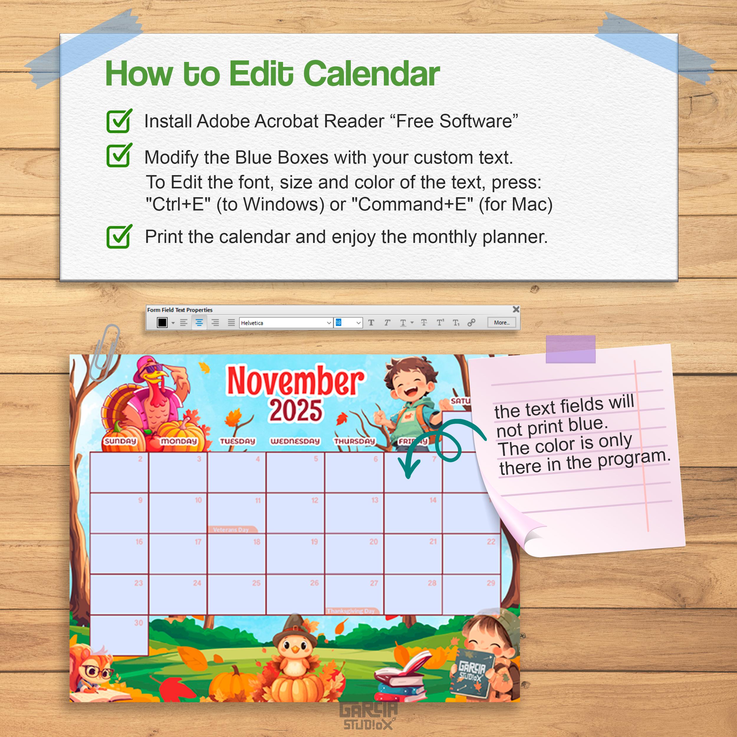 PRINTABLE November 2025 Calendar for Kids, Thanksgiving Turkey Theme ...
