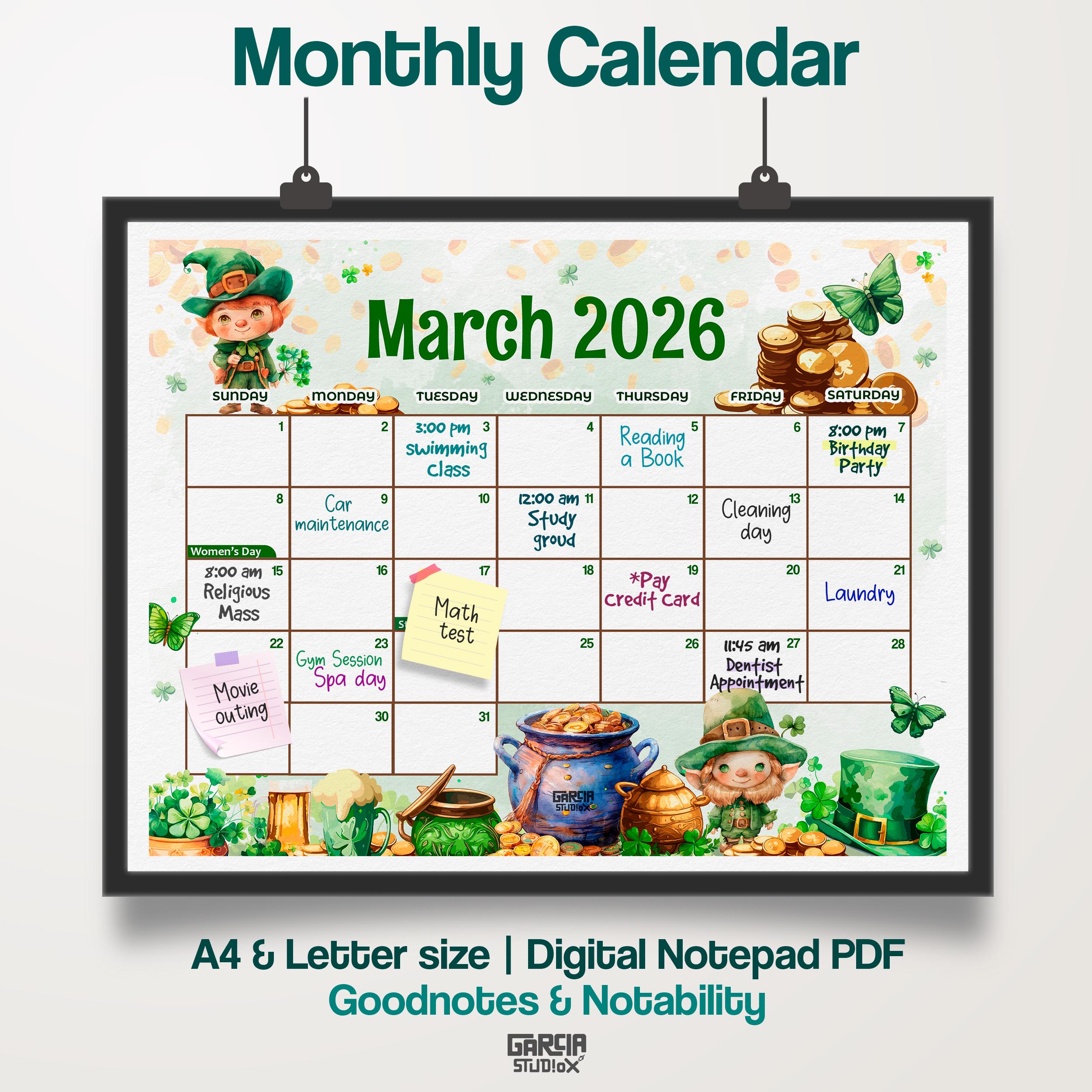 March 2026 Calendar Printable St. Patricks Day Theme, Cute Leprechaun ...