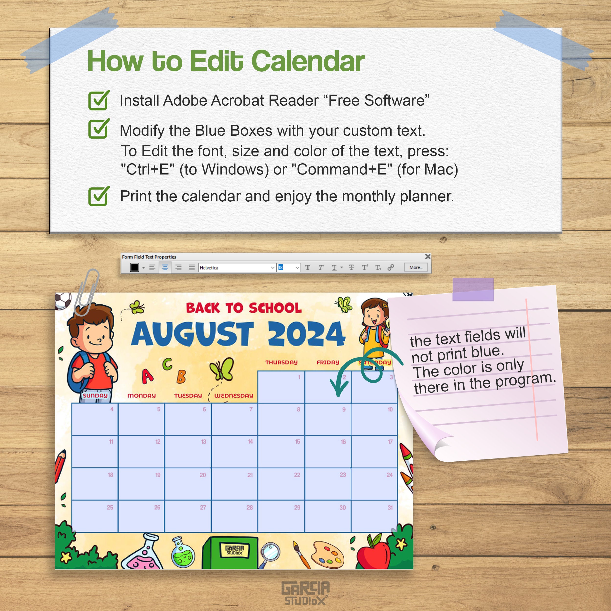 EDITABLE August 2024 Calendar, Fillable Back to School Planner, Monthly ...