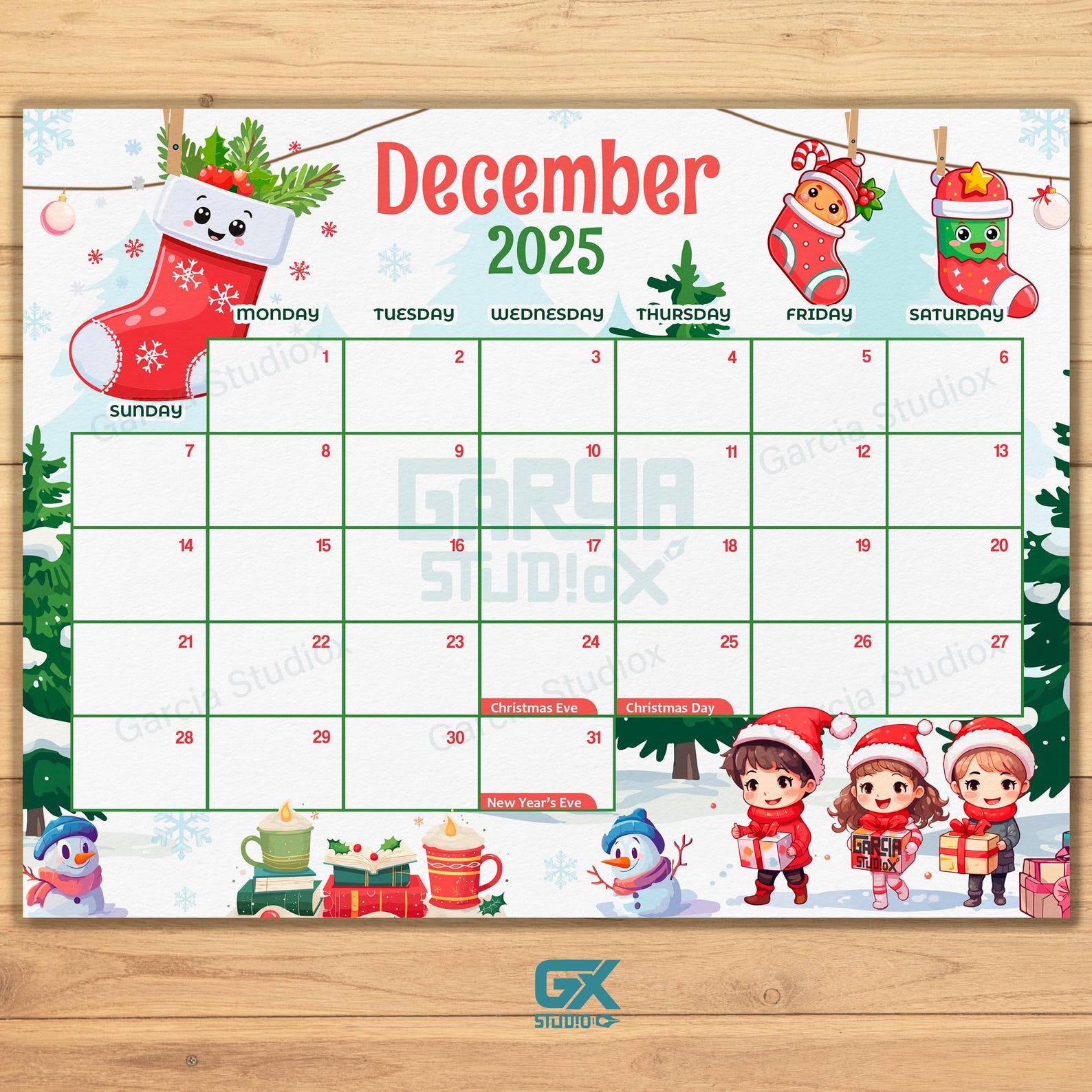 December 2025 Calendar for Kids, Fun Christmas School Socks Theme ...