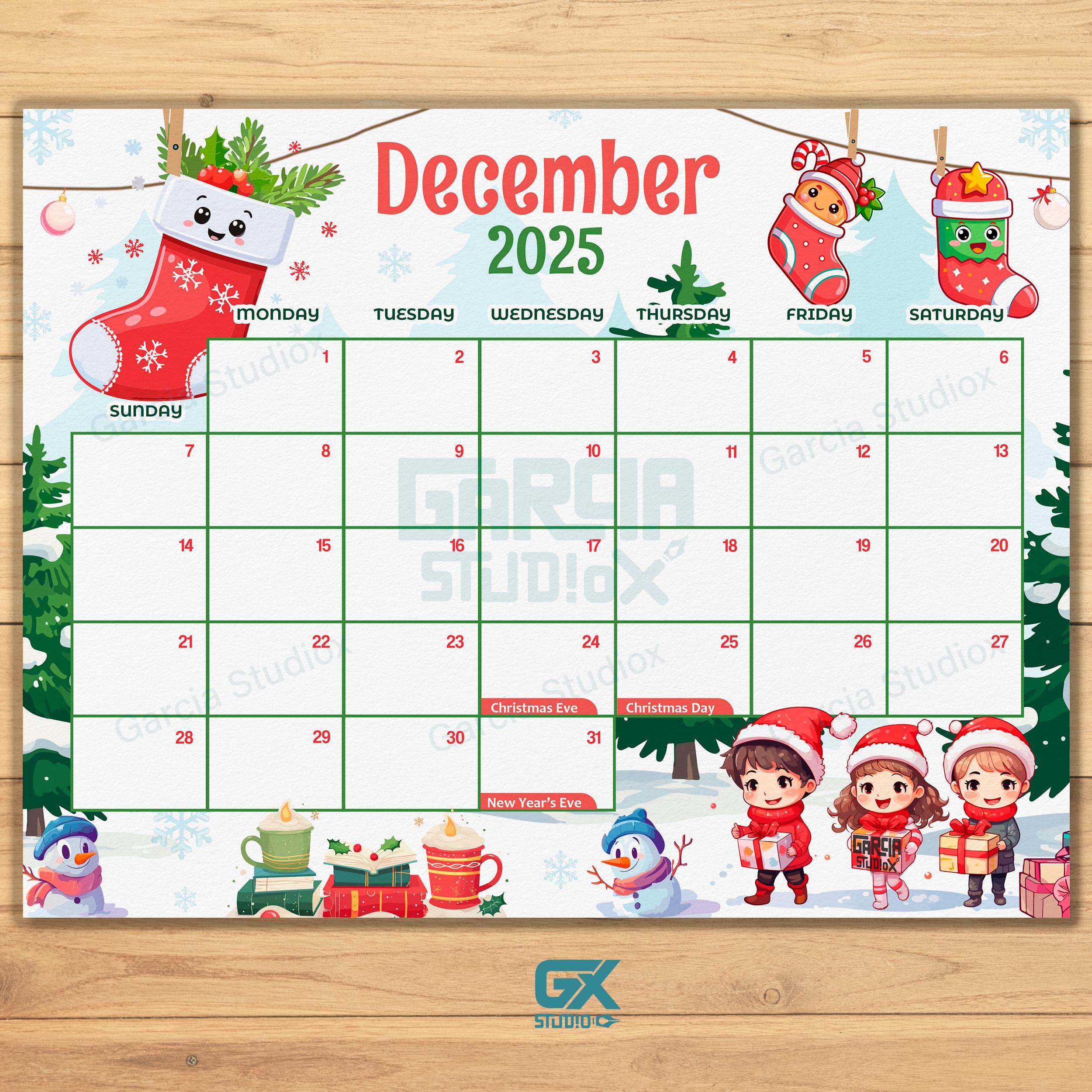 December 2025 Calendar for Kids, Fun Christmas School Socks Theme ...