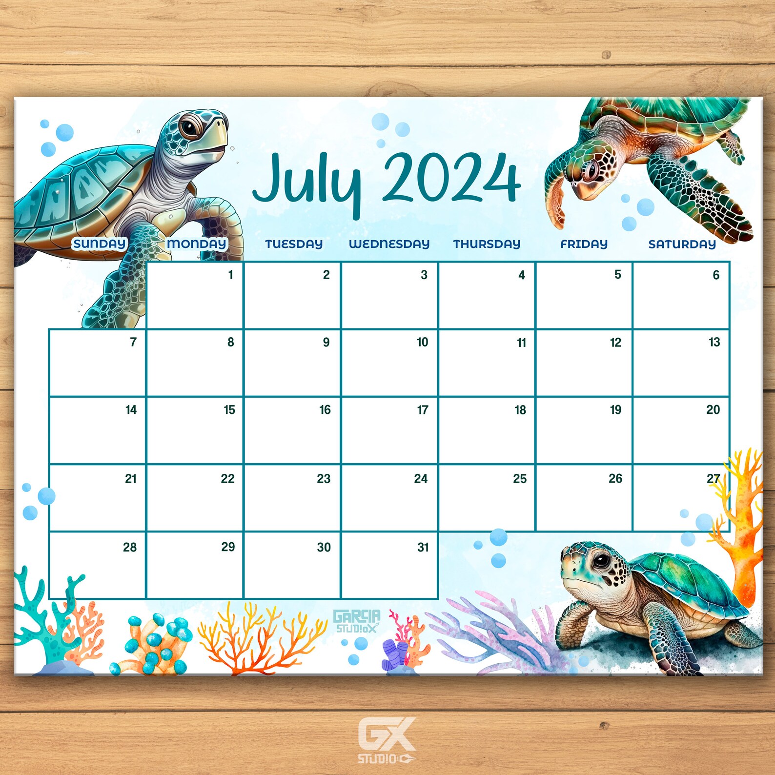 EDITABLE July 2024 Calendar With Sea Turtle Design, Fillable Summer ...