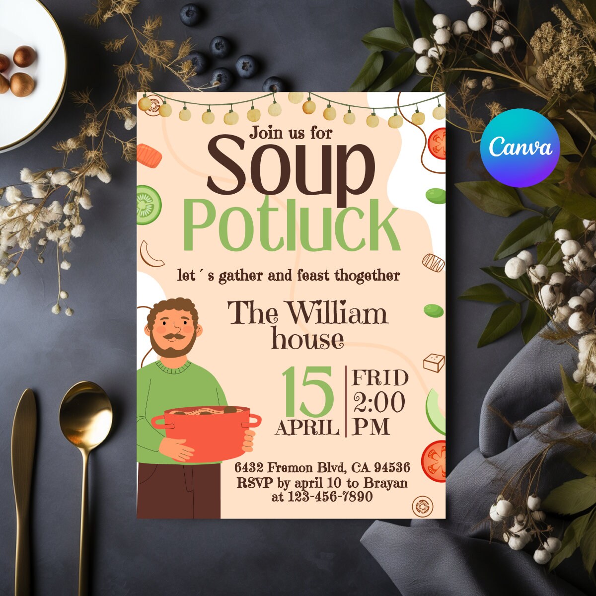 Soup Potluck Invitation Template, Neighborhood Party Invitation, Soup ...