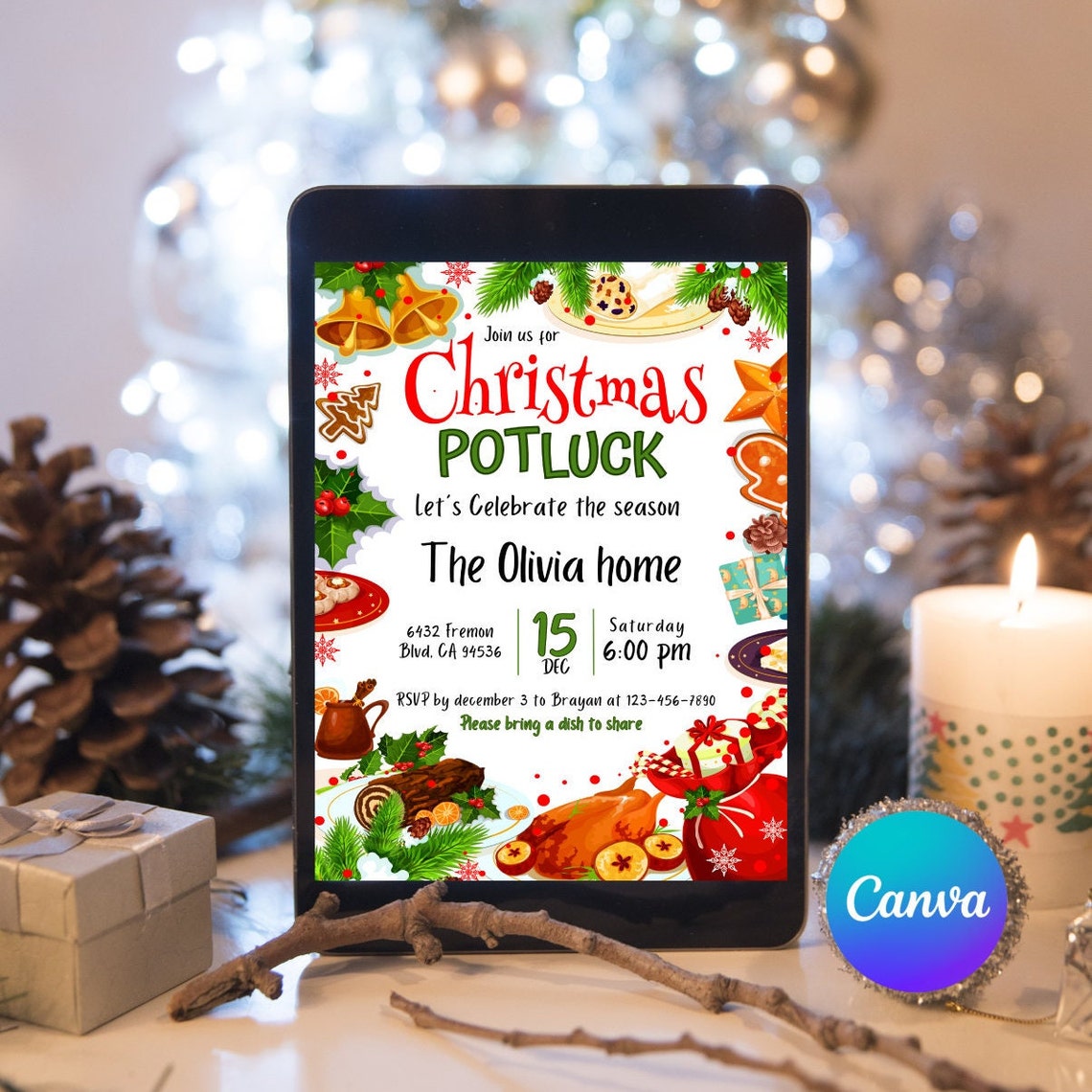 Holiday Potluck Dinner Party Invitation, Editable Invitation Christmas ...