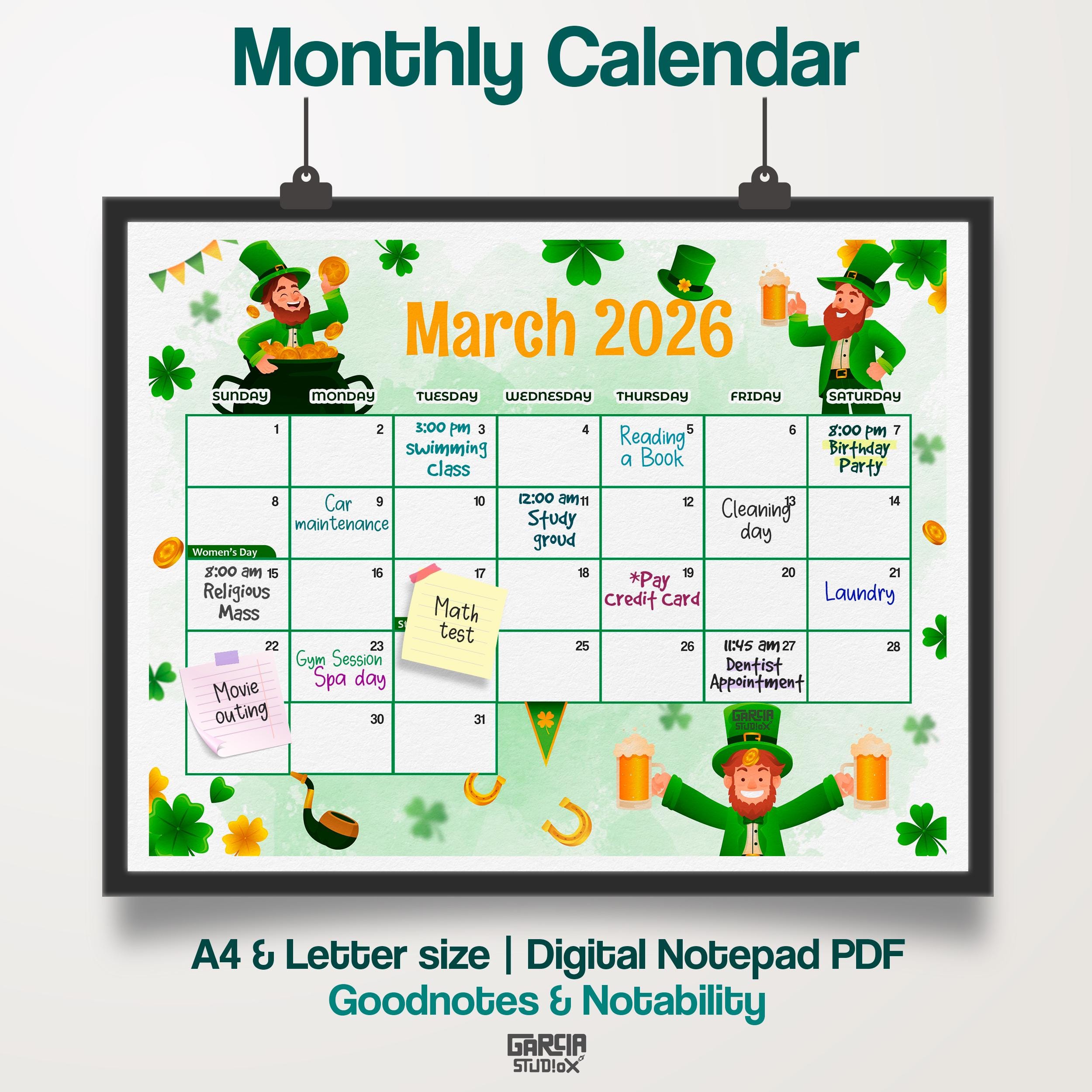 March 2026 Calendar Printable, St Patricks Day Theme, Cute Leprechaun ...