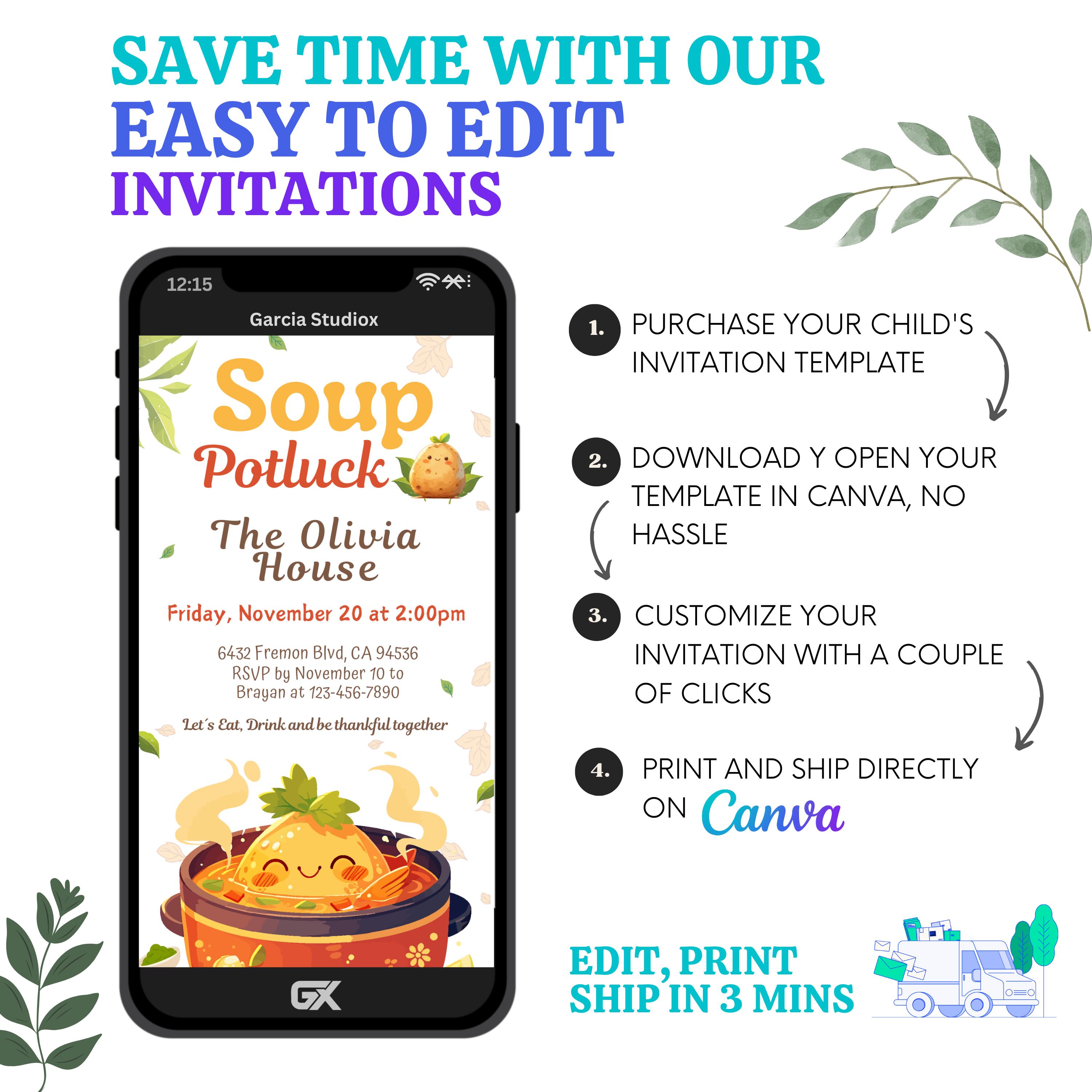 Editable Soup Potluck Invitation, Fun Potluck Template, Digital Invite ...