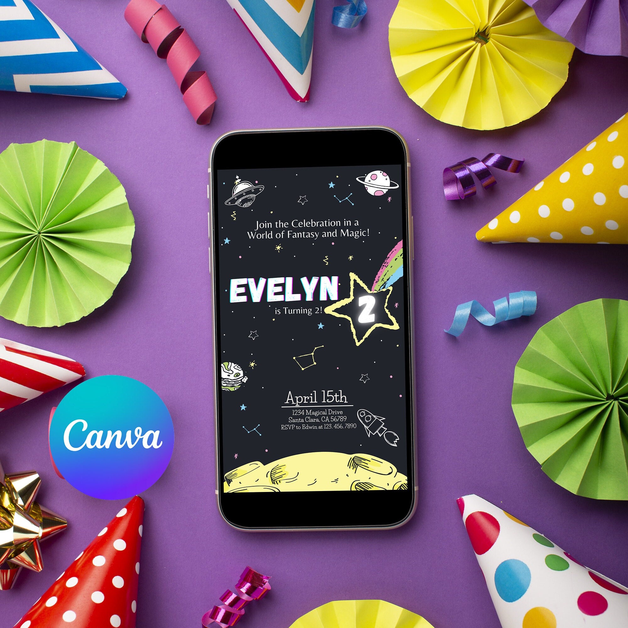 Space Birthday Invitation, Editable Outer Space Invitations, Template ...