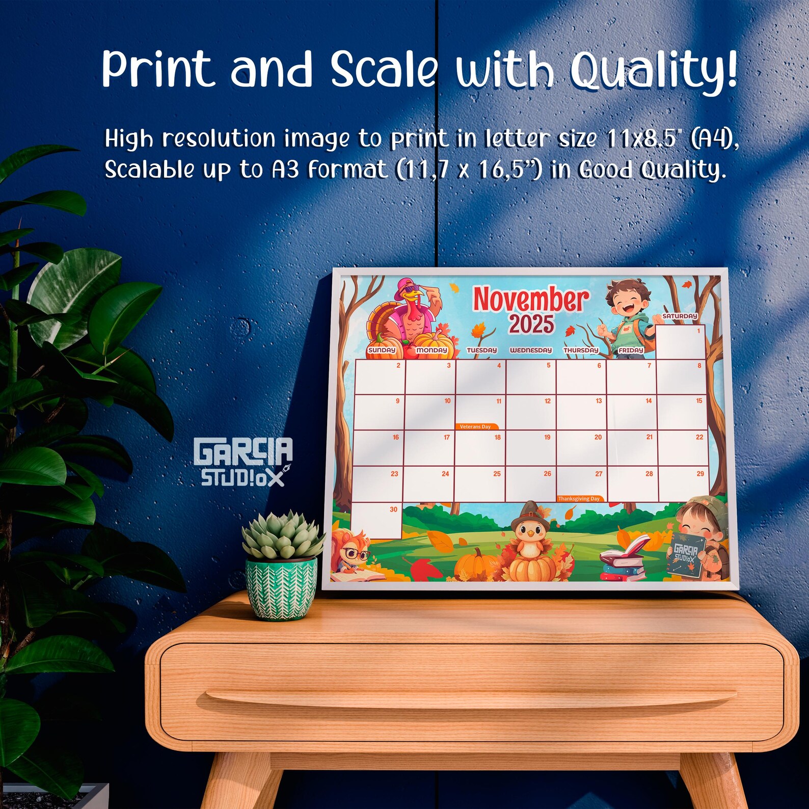 PRINTABLE November 2025 Calendar for Kids, Thanksgiving Turkey Theme ...