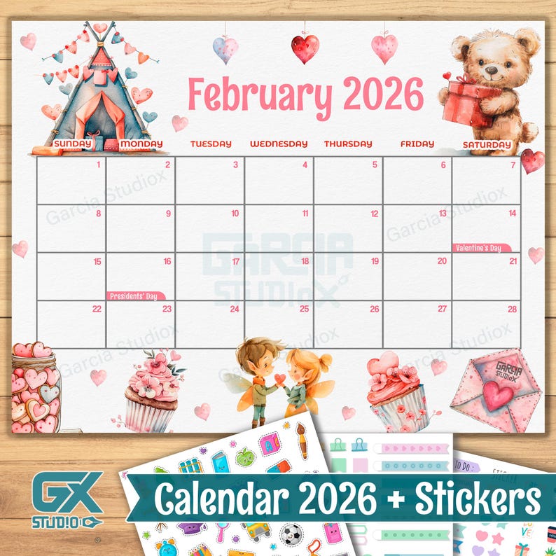 February 2026 Calendar Printable, Valentines Day Theme, Cute Editable ...