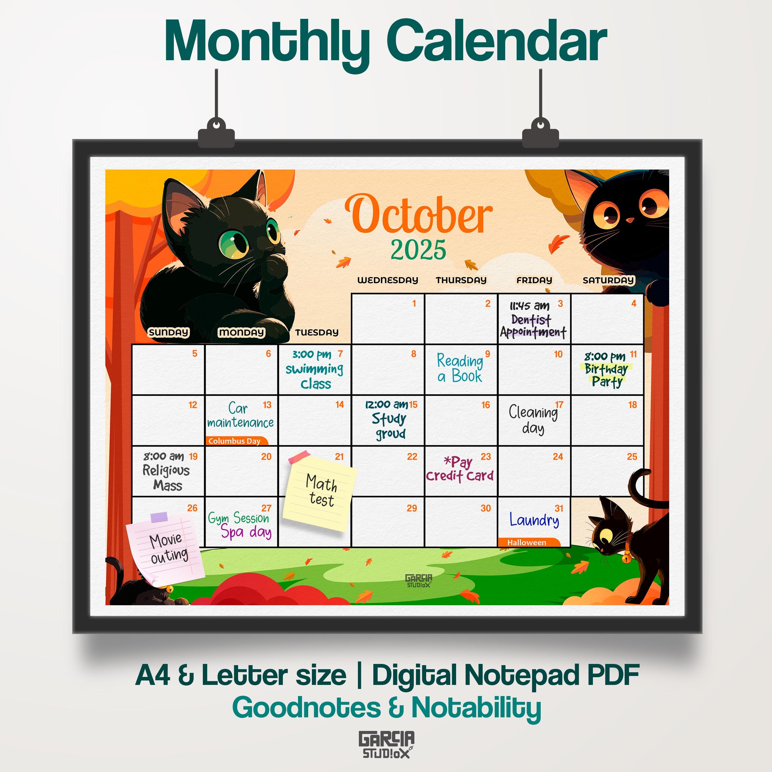 Editable October 2025 Cat Calendar PDF, Bombay Cat Digital Art ...