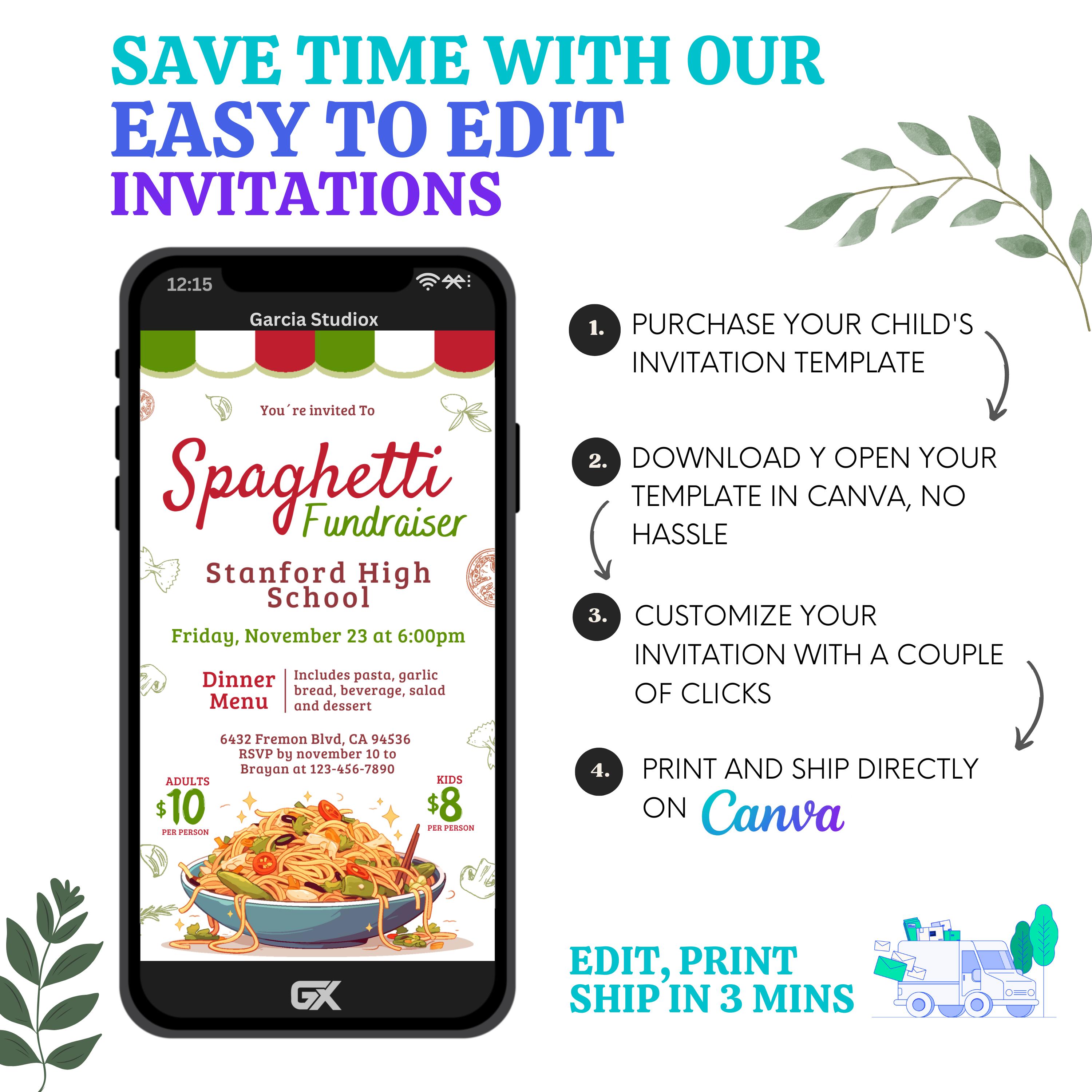 Editable Spaghetti Fundraiser Invitation, Neighborhood Event Flyer ...