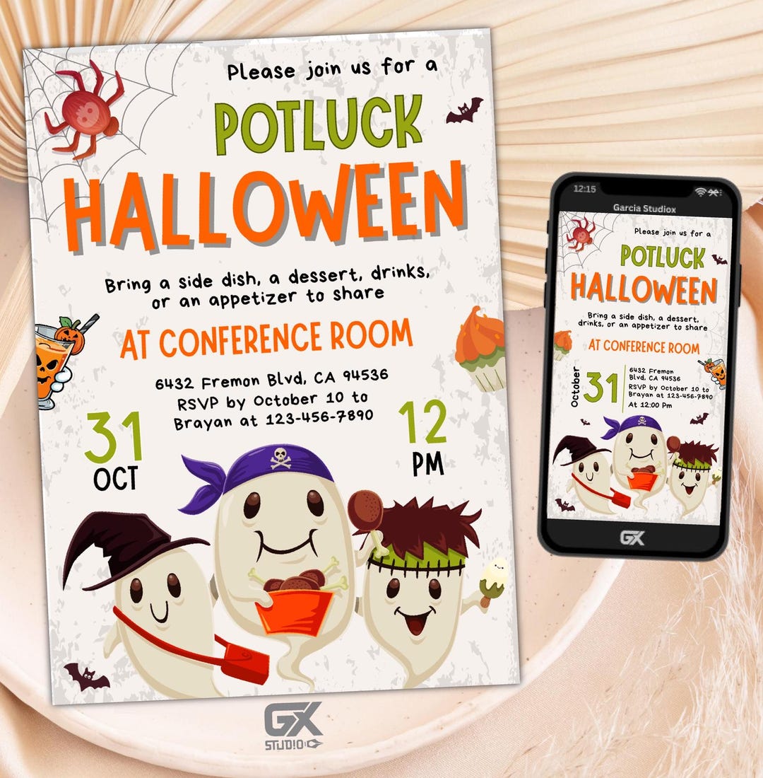 EDITABLE Potluck Halloween Invitation, Fun Ghosts, Spooky Design ...